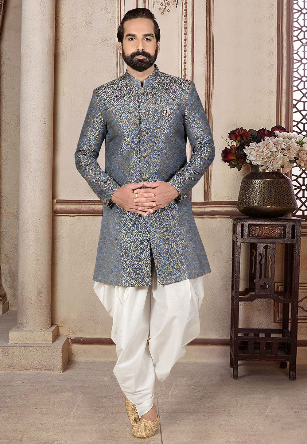 Buy Brocade Dhoti Sherwani in Grey Online : MHG1717 - Utsav Fashion