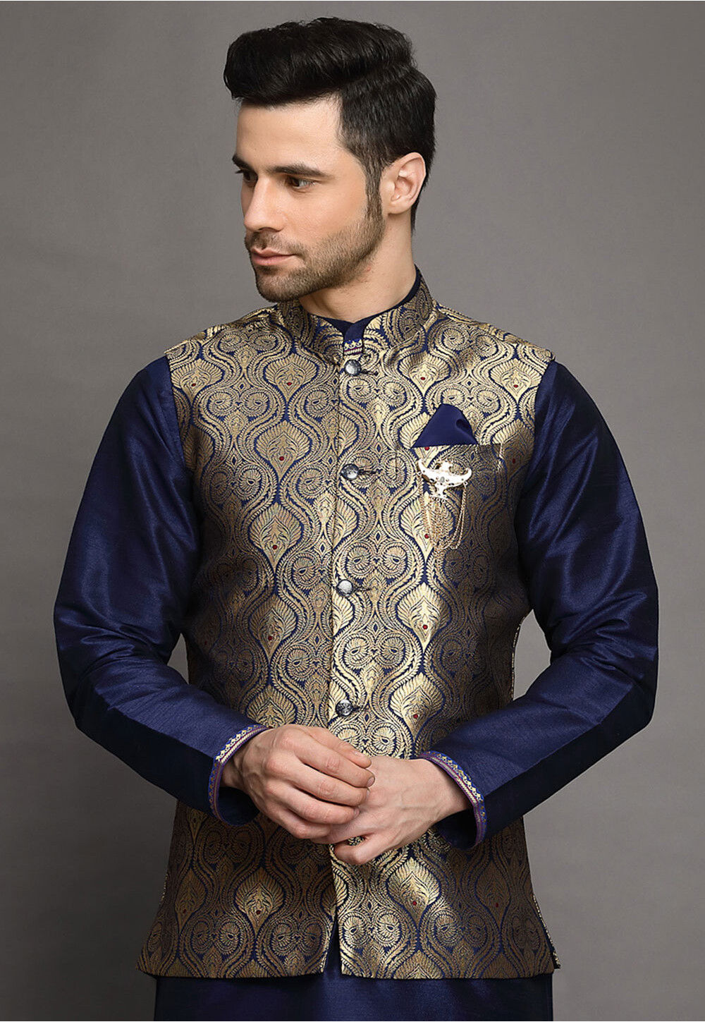 Brocade Nehru Jacket in Navy Blue : MXX124