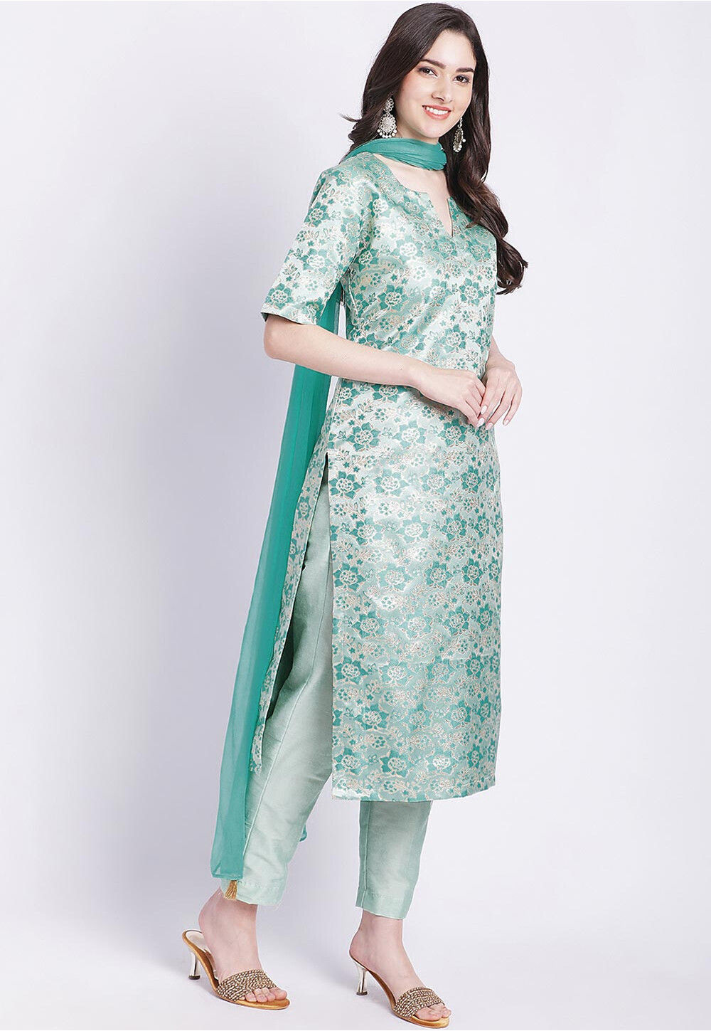 Buy Brocade Pakistani Suit in Pastel Green Online : KNV473 - Utsav Fashion