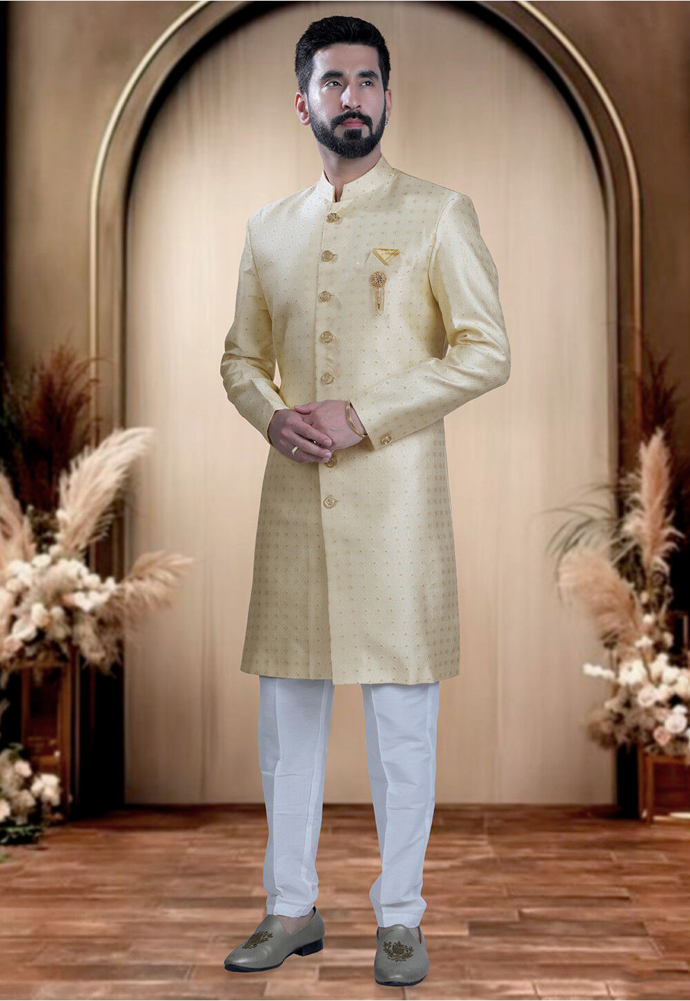 Buy Brocade Sherwani in Beige Online : MKZ520 - Utsav Fashion
