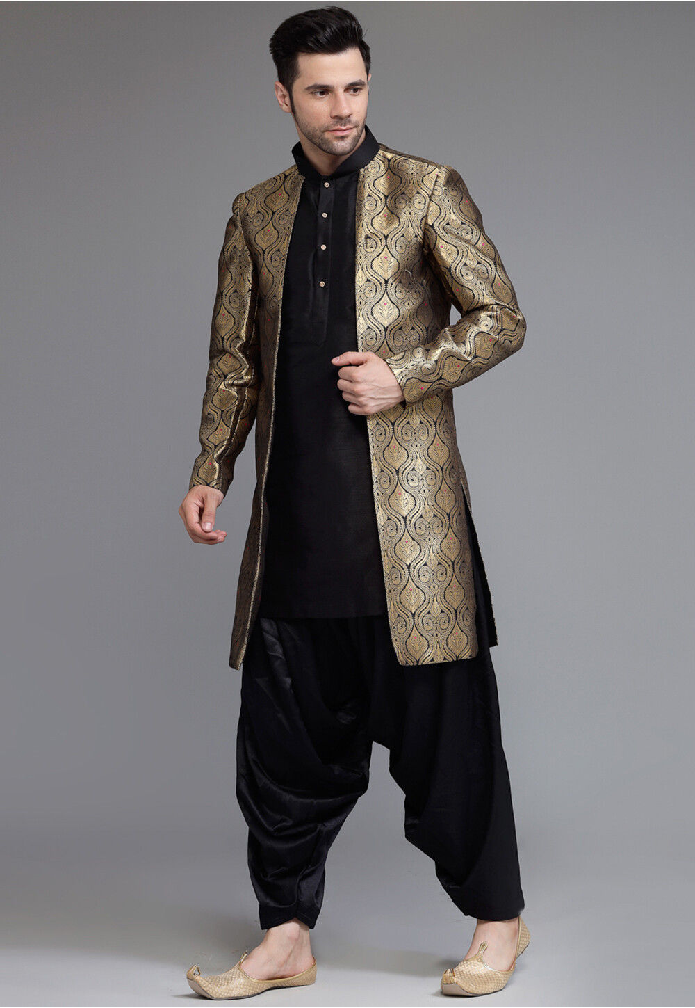 Buy Brocade Sherwani in Black and Beige Online : MXX422 - Utsav Fashion