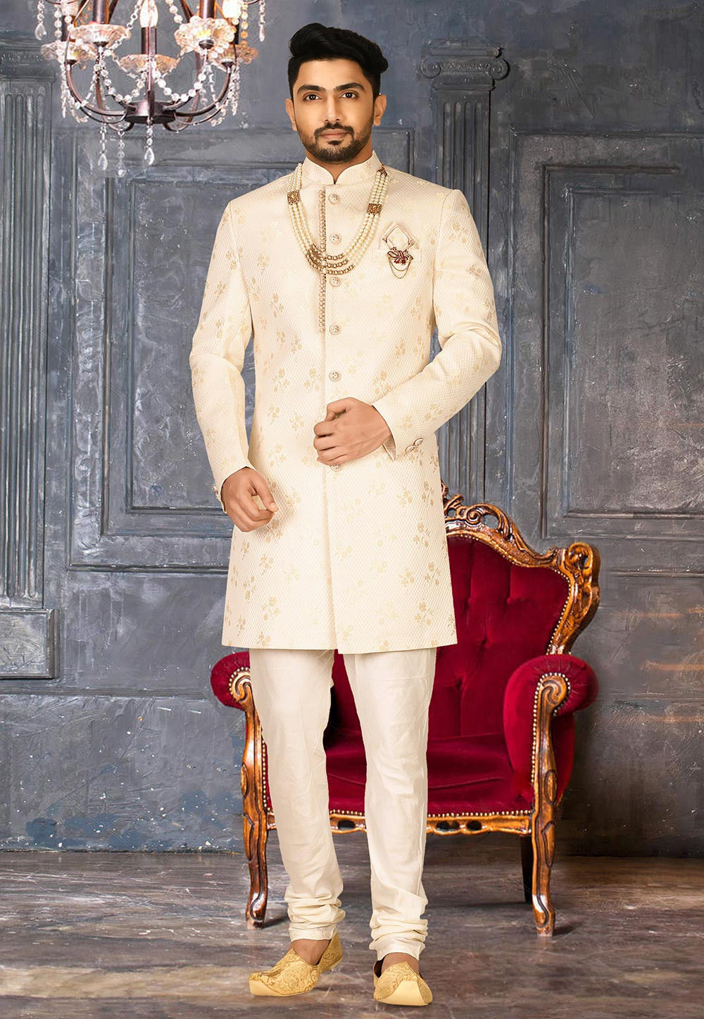 Buy Brocade Sherwani in Cream Online : MLC1150 - Utsav Fashion