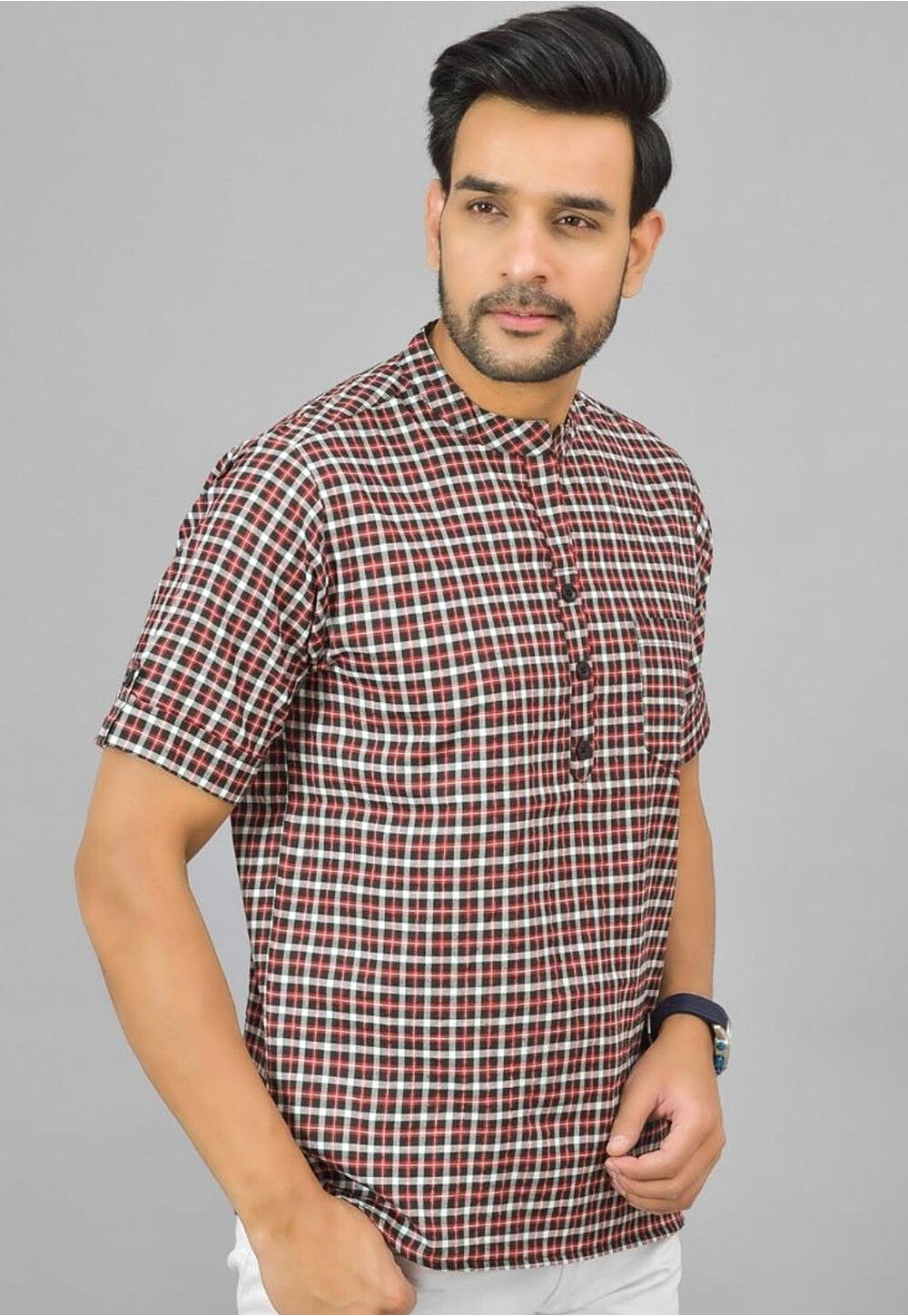 Buy Check Printed Cotton Short Kurta in Red and Grey Online : MTE2315 ...