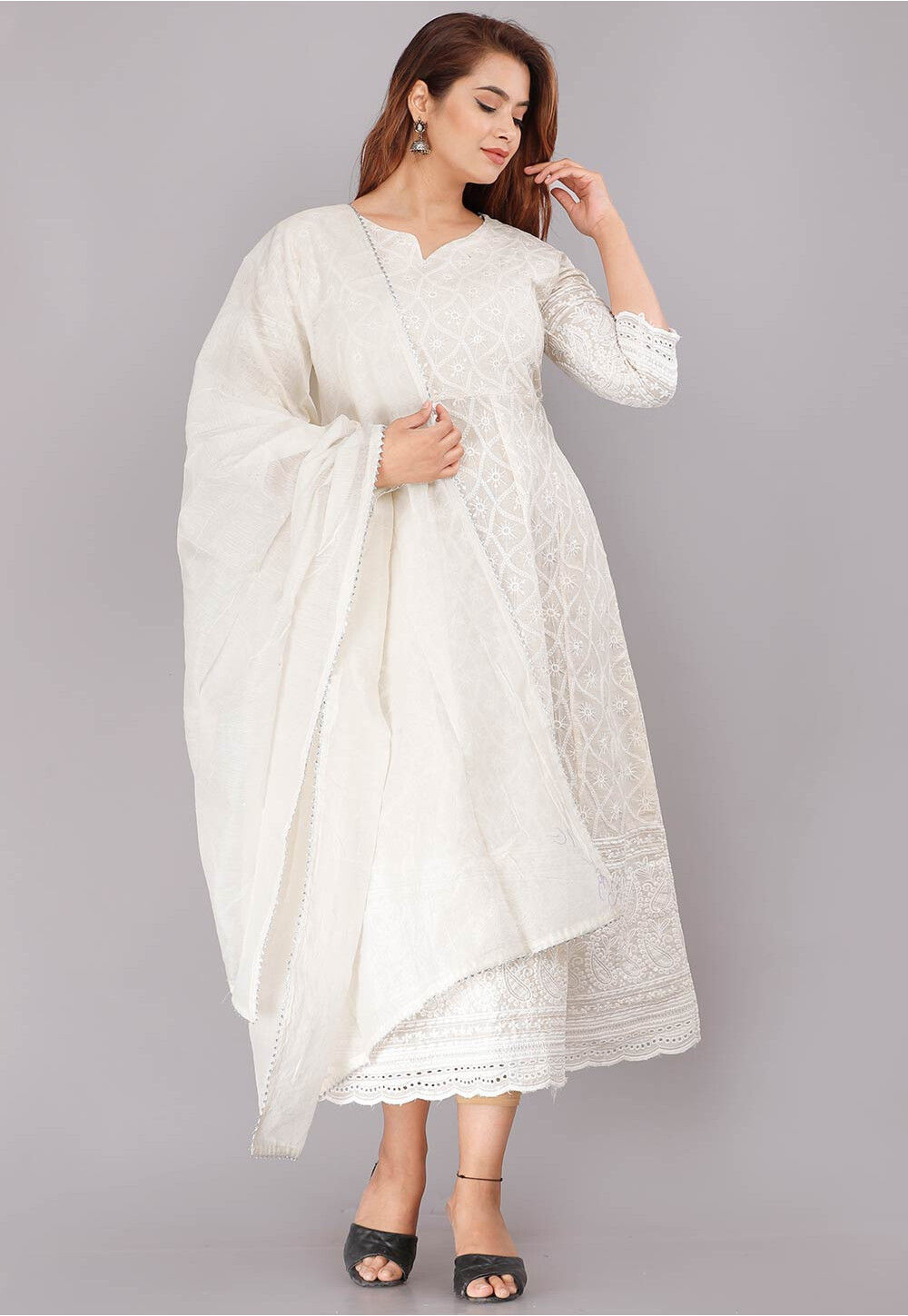 Buy Chikankari Cotton Anarkali Suit in Off White Online : KAP184 ...