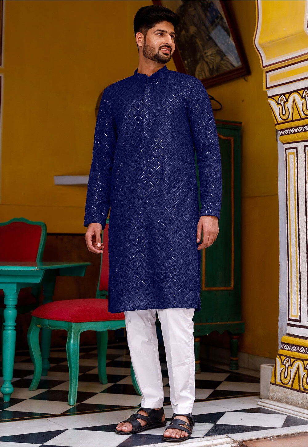 Buy Chikankari Georgette Kurta Set in Royal Blue Online : MTE2393 ...