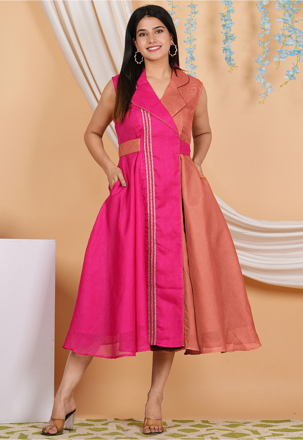 Buy Color Blocked Kota Doria Flared Trench Dress in Fuchsia and Rust ...