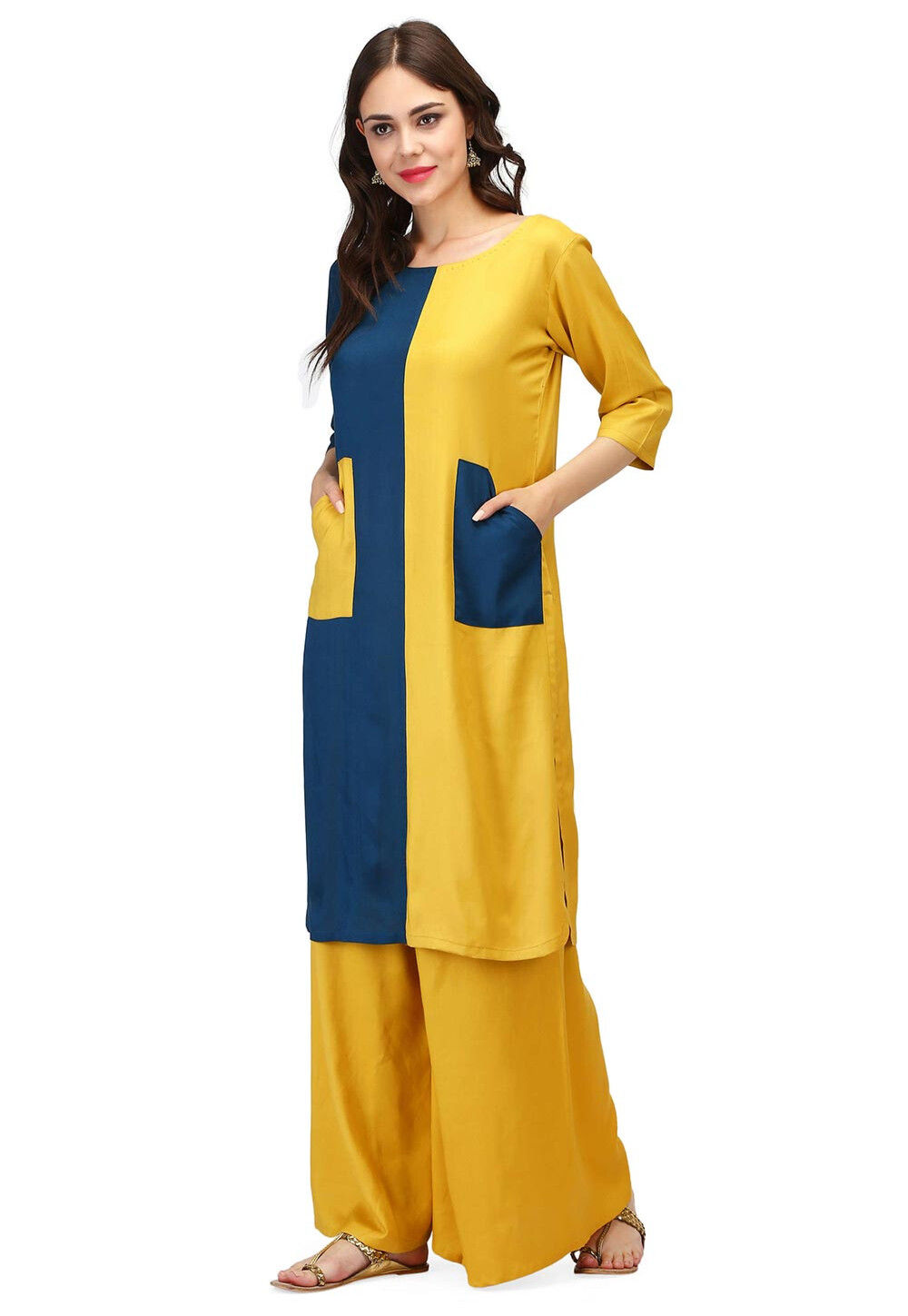 Buy Color Blocked Rayon Straight Kurta Set in Yellow and Teal Blue ...
