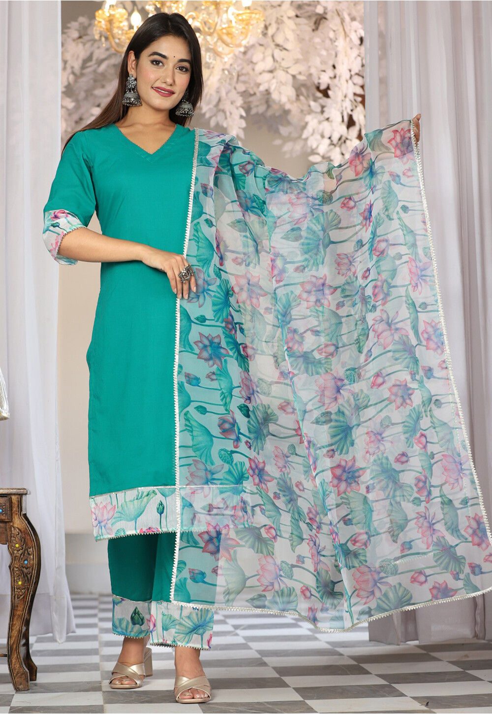 Buy Contrast Border Cotton Pakistani Suit in Teal Green Online : KXT235 ...