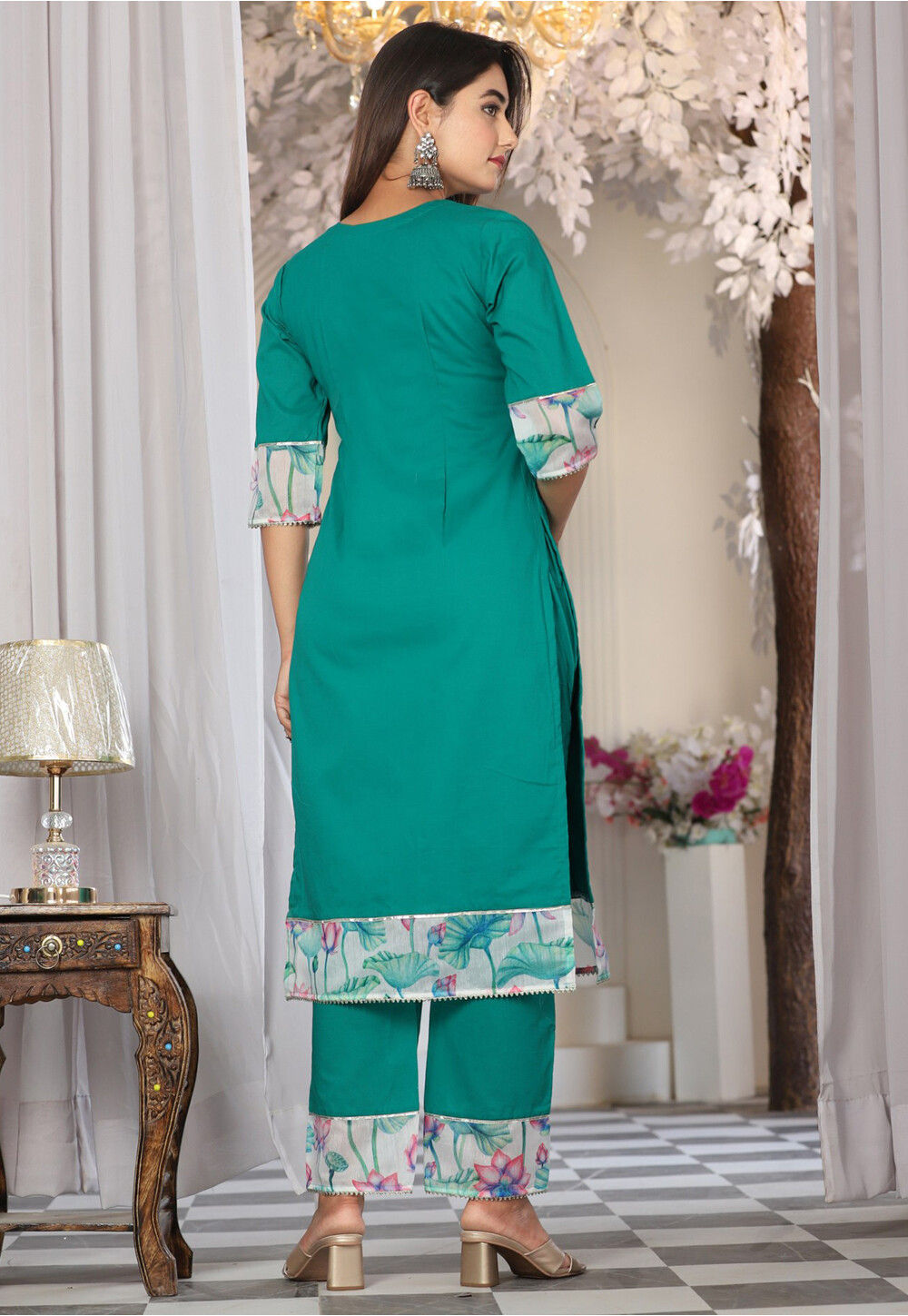 Buy Contrast Border Cotton Pakistani Suit in Teal Green Online : KXT235 ...