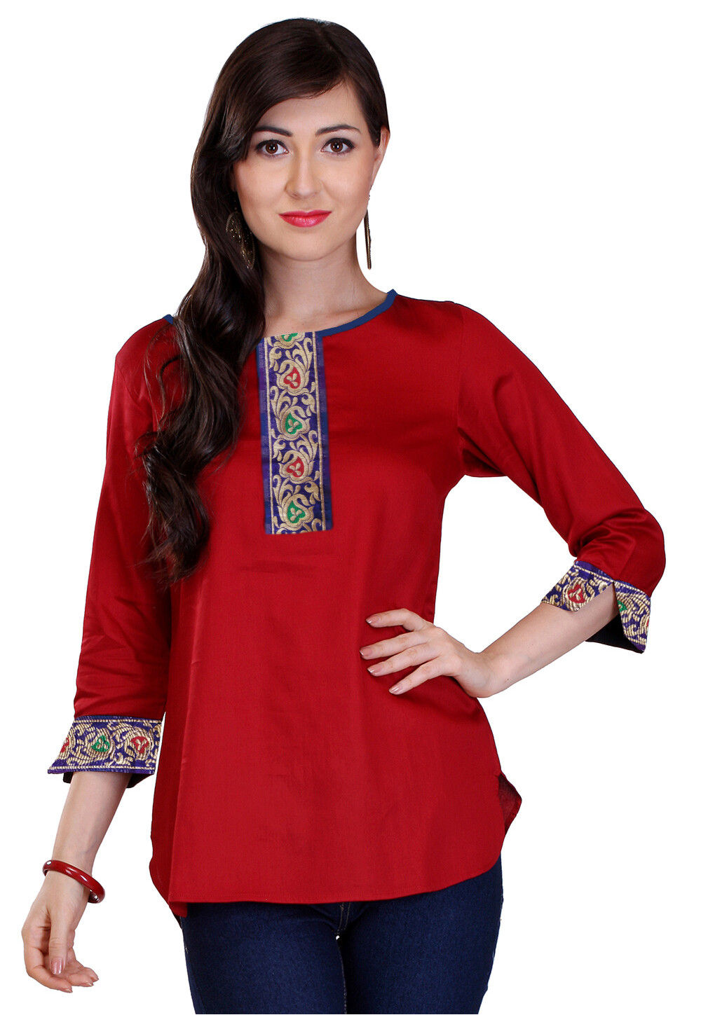 Buy Contrast Border Cotton Silk Top in Maroon Online : TJW2108 - Utsav ...