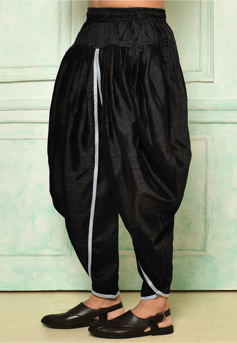 Buy Contrast Border Dupion Silk Rajwara Dhoti Pant in Black Online ...