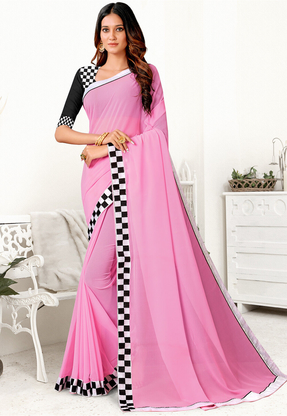 Buy Contrast Border Georgette Saree in Baby Pink Online : SFS2169 ...