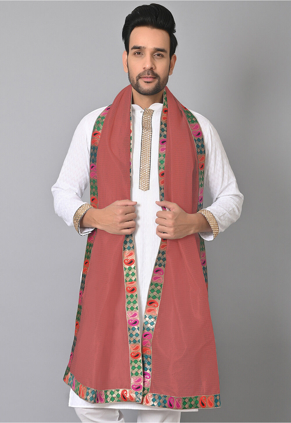 Buy Contrast Border Pure Kota Tissue Men Dupatta in Peach Online ...