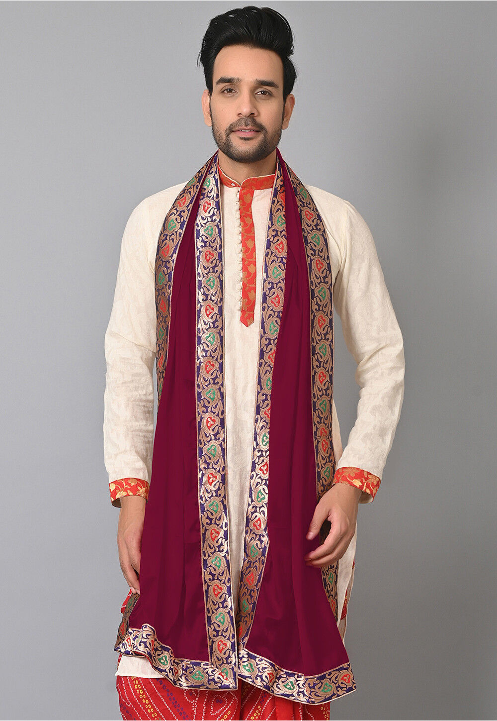 Buy Contrast Border Satin Men Dupatta in Maroon Online : MTE1300 ...