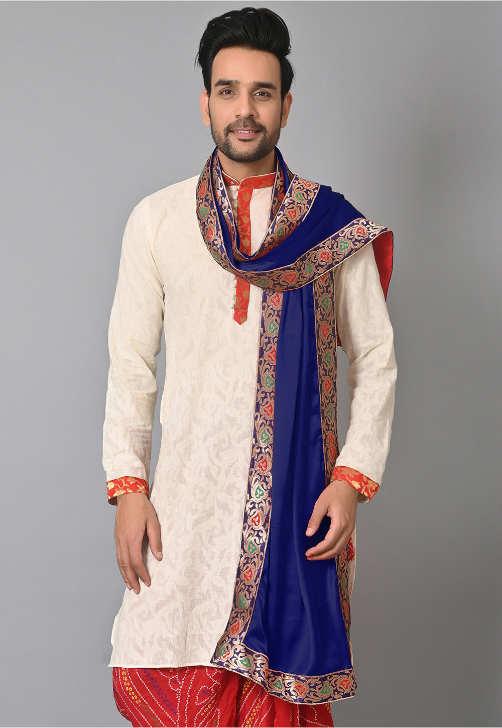 Buy Contrast Border Satin Men Dupatta in Navy Blue Online : MTE1302 ...