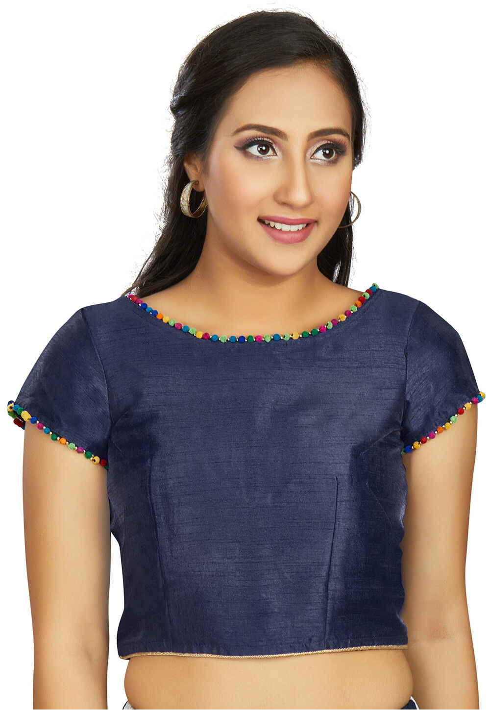 Buy Contrast Trim Art Silk Blouse in Navy Blue Online : UAL18 - Utsav ...