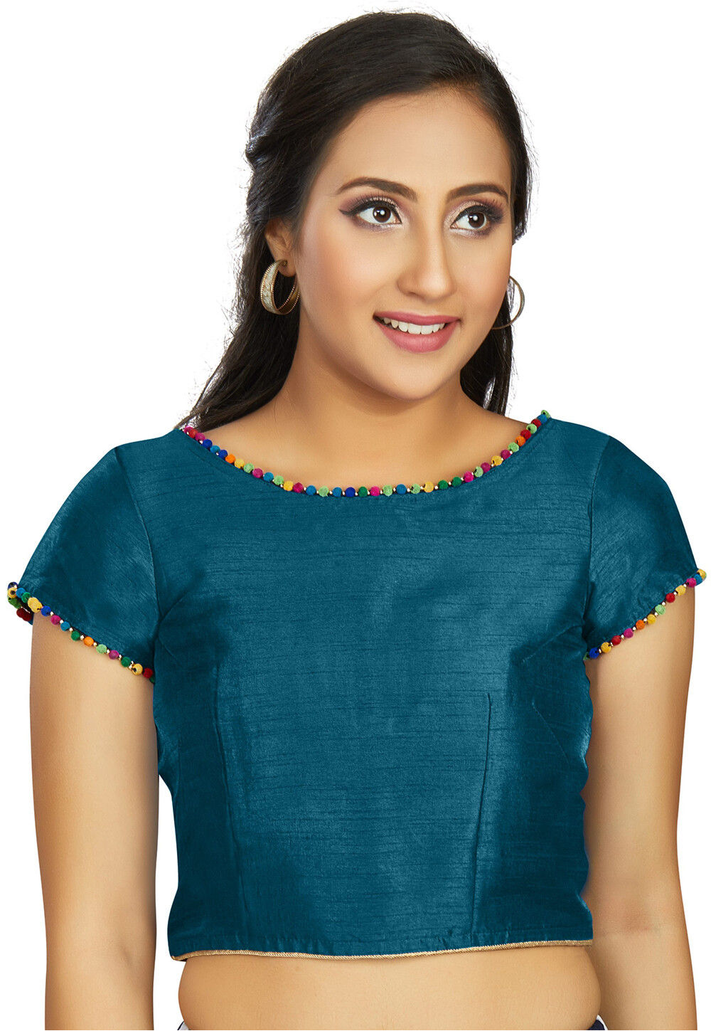 Buy Contrast Trim Art Silk Blouse in Teal Blue Online : UAL34 - Utsav ...