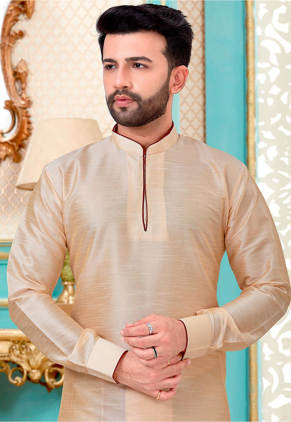 Buy Contrast Trim Art Silk Kurta Set in Beige Online : MMQ2471 - Utsav Fashion