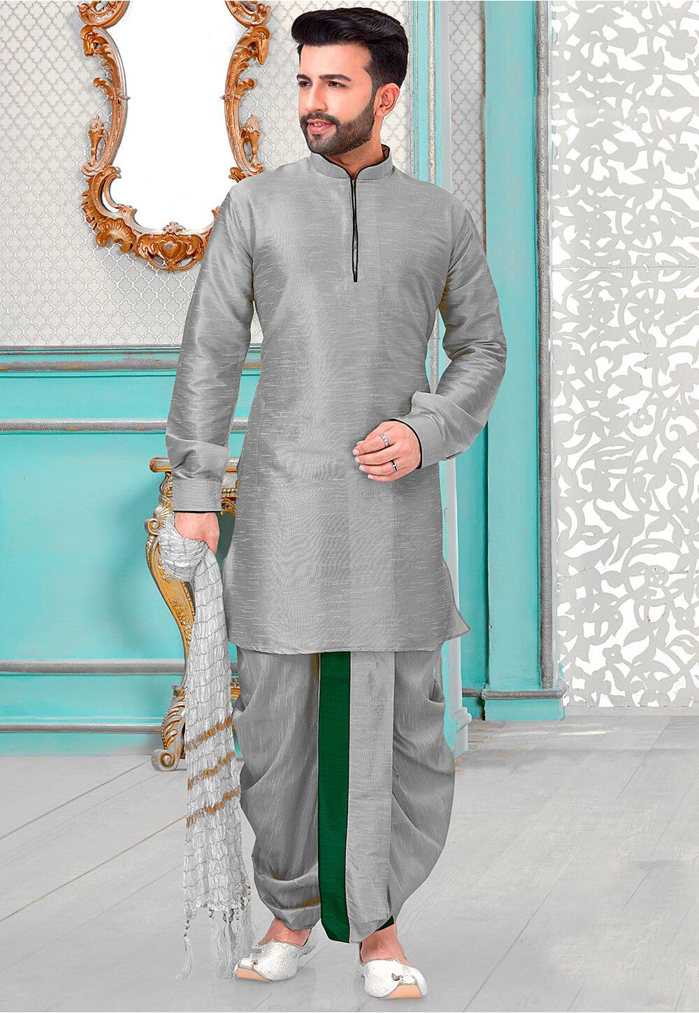 Buy Contrast Trim Art Silk Kurta Set in Grey Online : MMQ2473 - Utsav Fashion