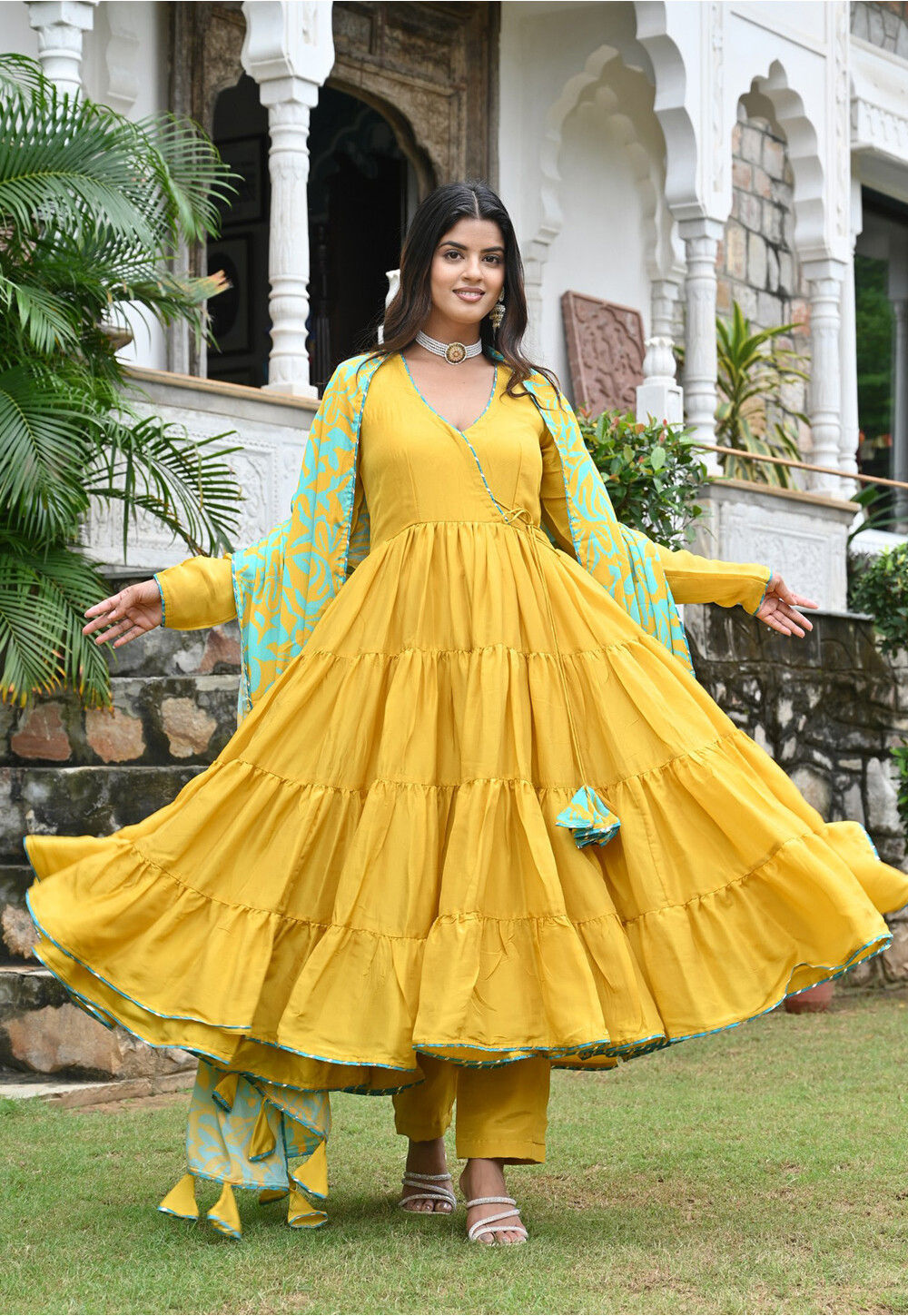 Buy Contrast Trim Crepe Tiered A Line Suit in Yellow Online : KXT211 ...