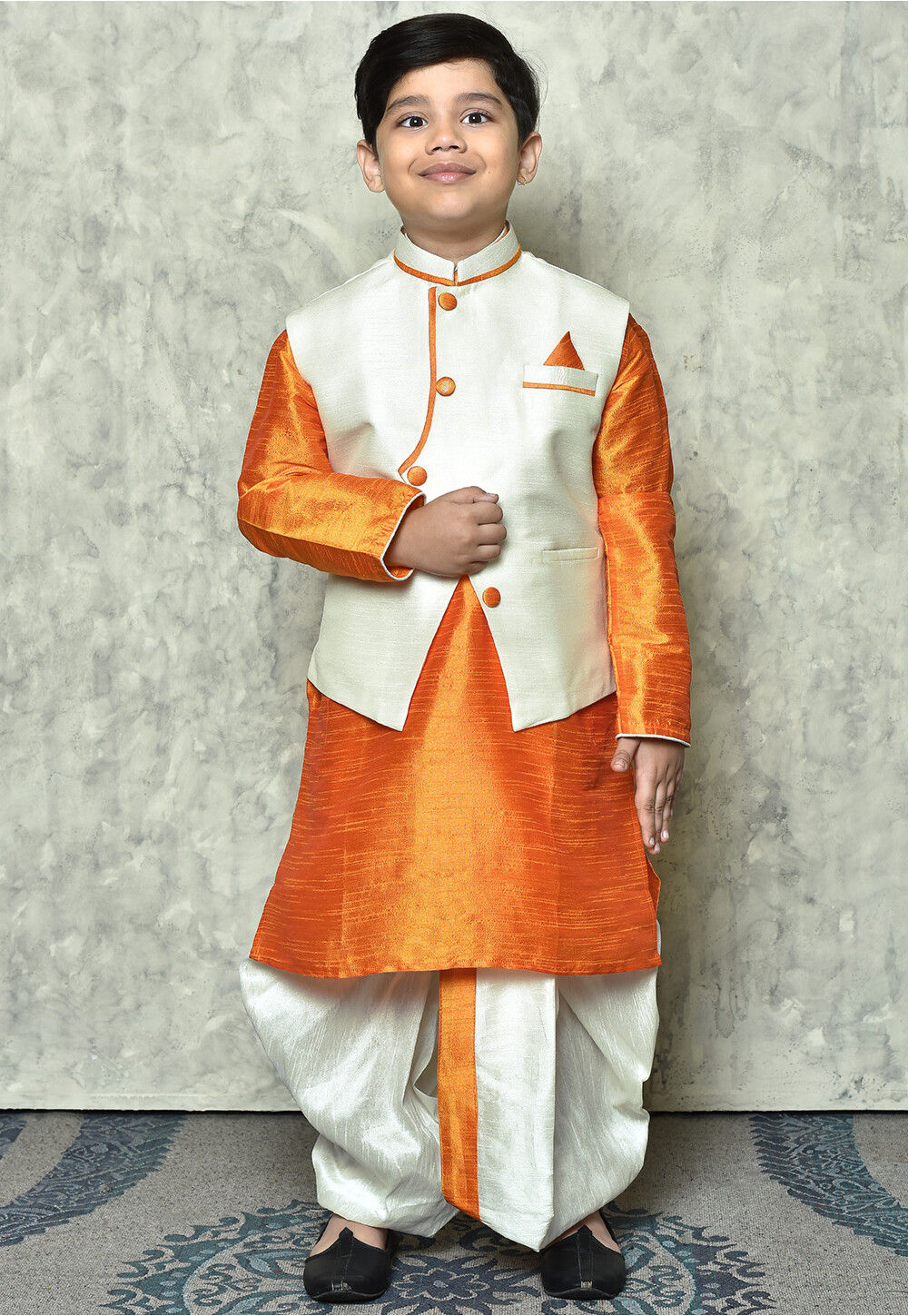 Buy Contrast Trim Dupion Dhoti Kurta Jacket in Orange and White Online ...