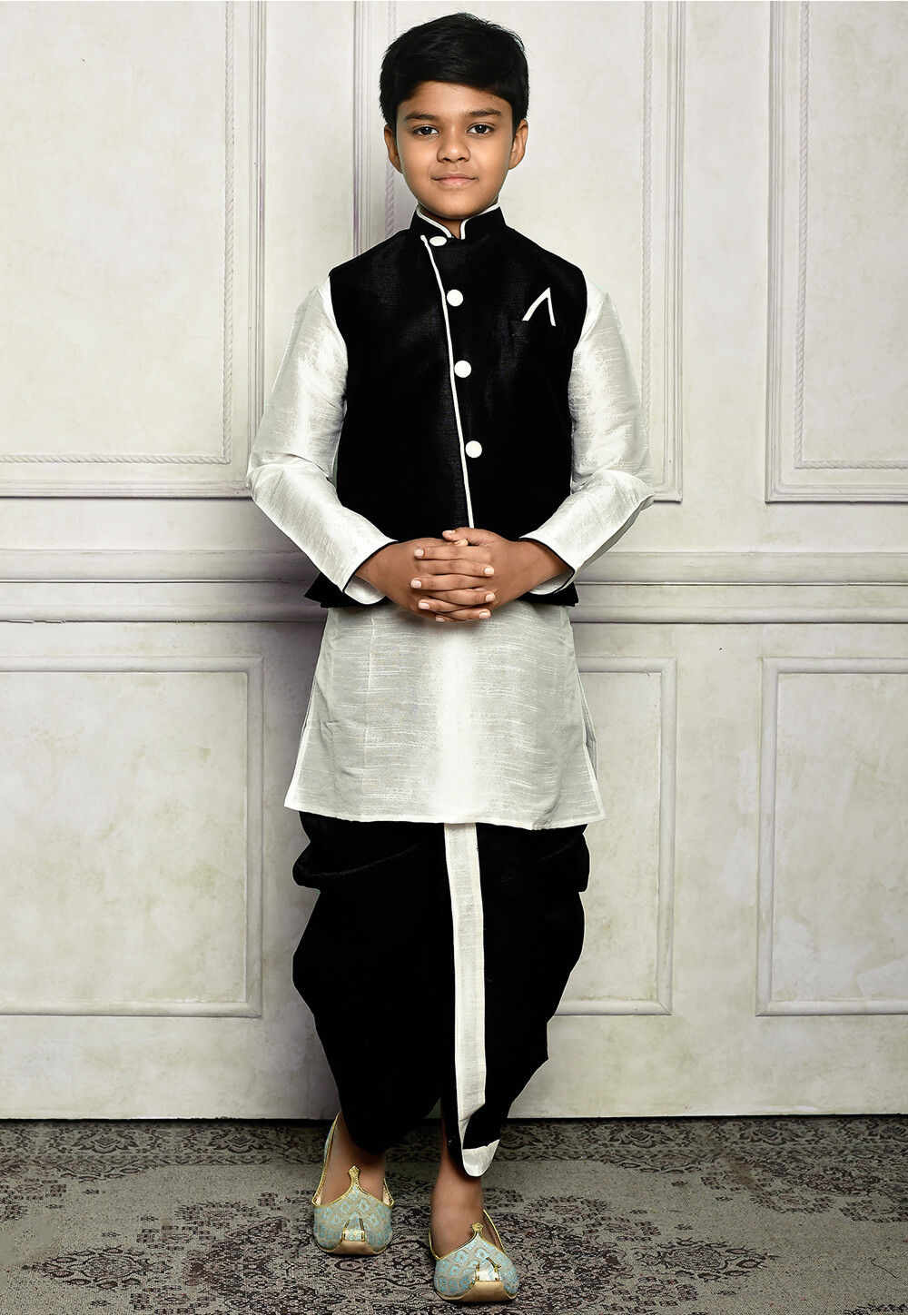 Buy Contrast Trim Dupion Dhoti Kurta Jacket in White and Black Online : UTW621 - Utsav Fashion