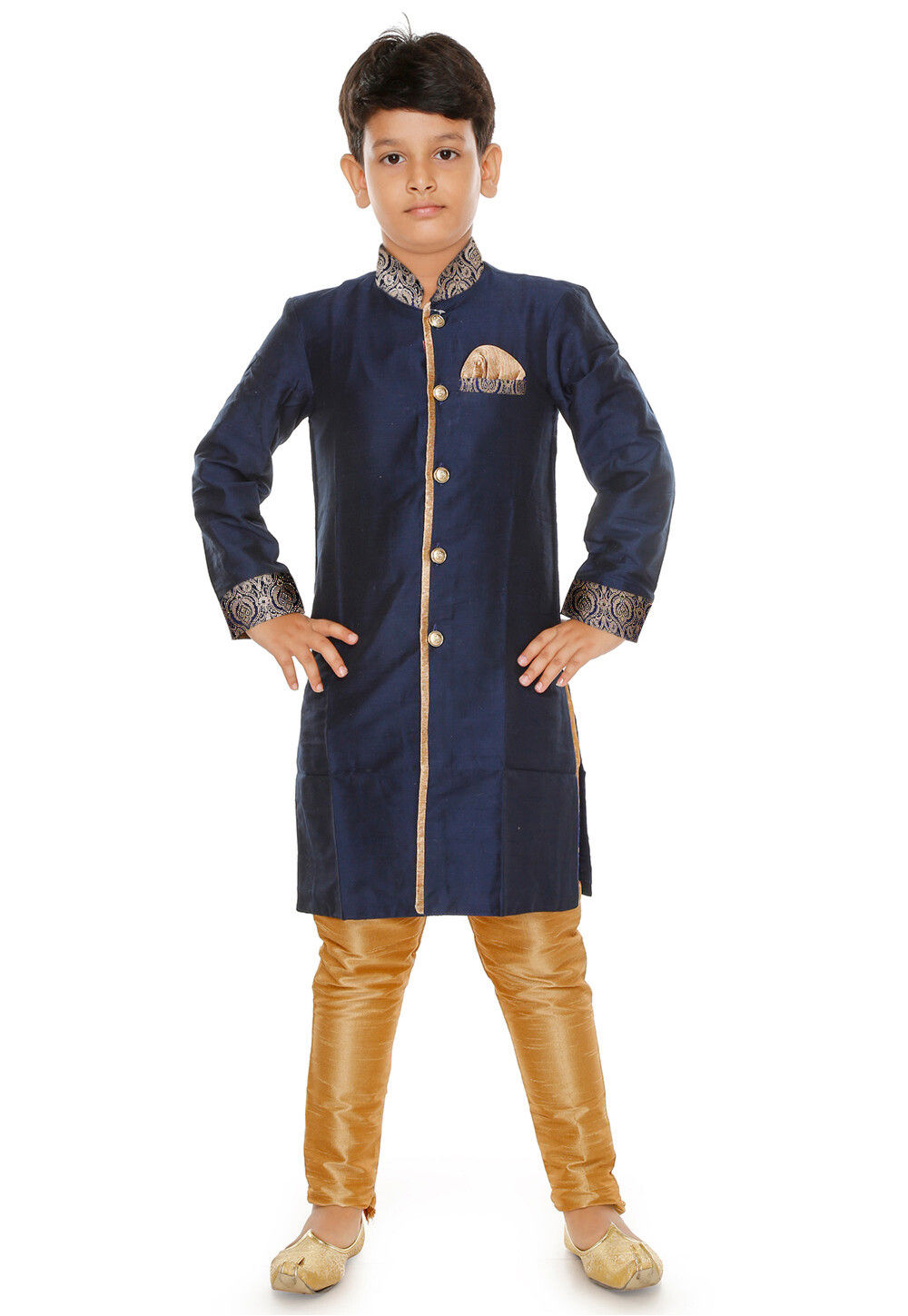 Buy Contrast Trim Dupion Silk Straight Front Open Sherwani in Navy Blue ...