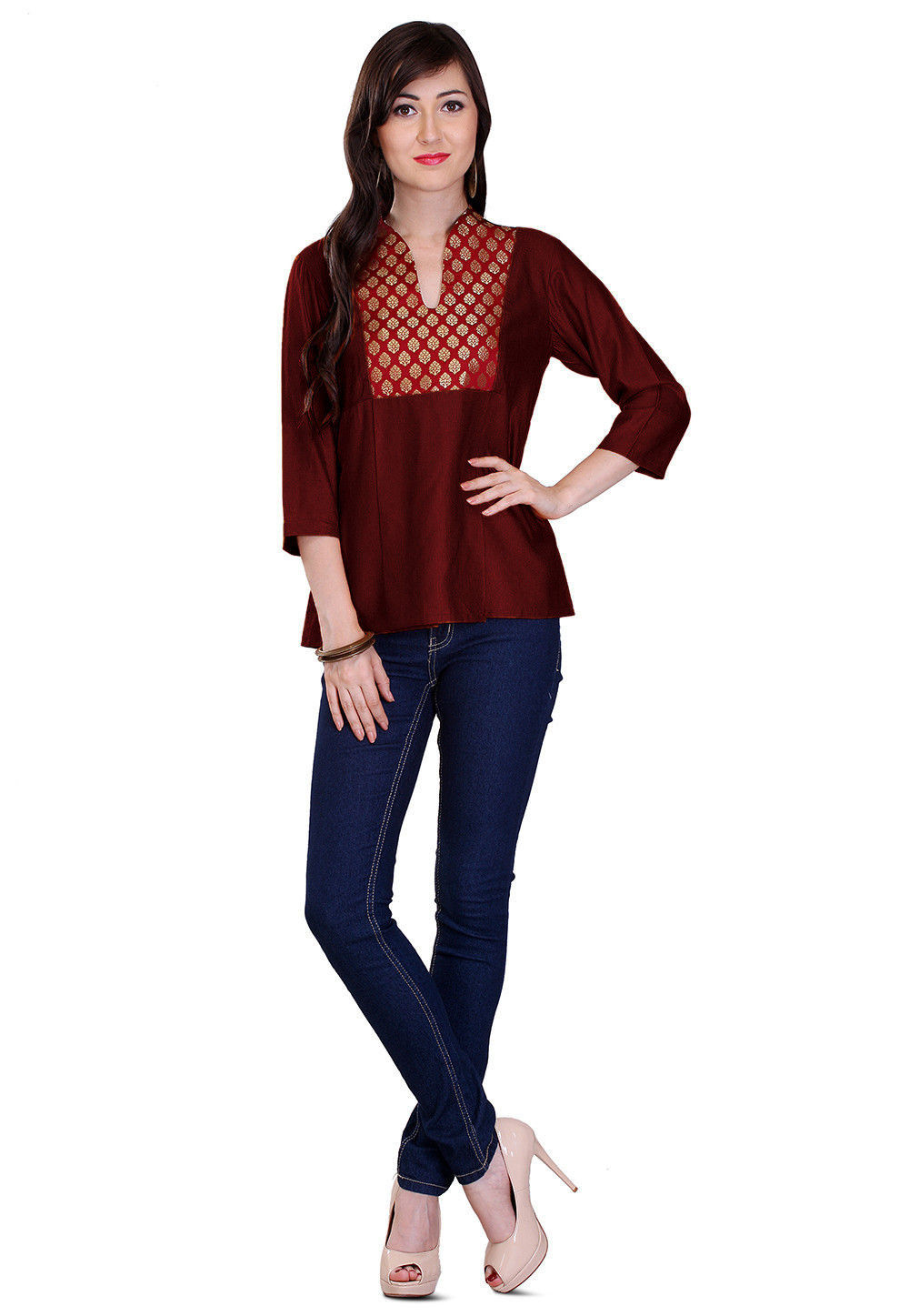 Buy Contrast Yoke Cotton Silk Top in Maroon Online : TJW723 - Utsav Fashion