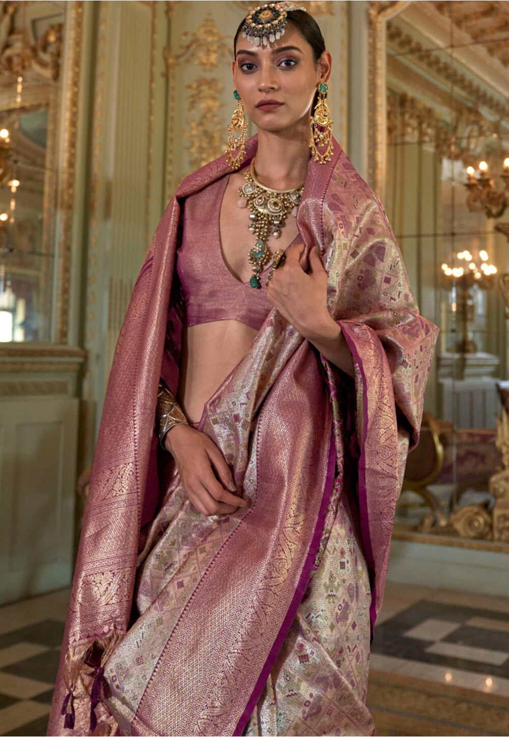 Buy Dharmavaram Saree in Golden and Old Rose Online : SSEA8734 - Utsav Fashion