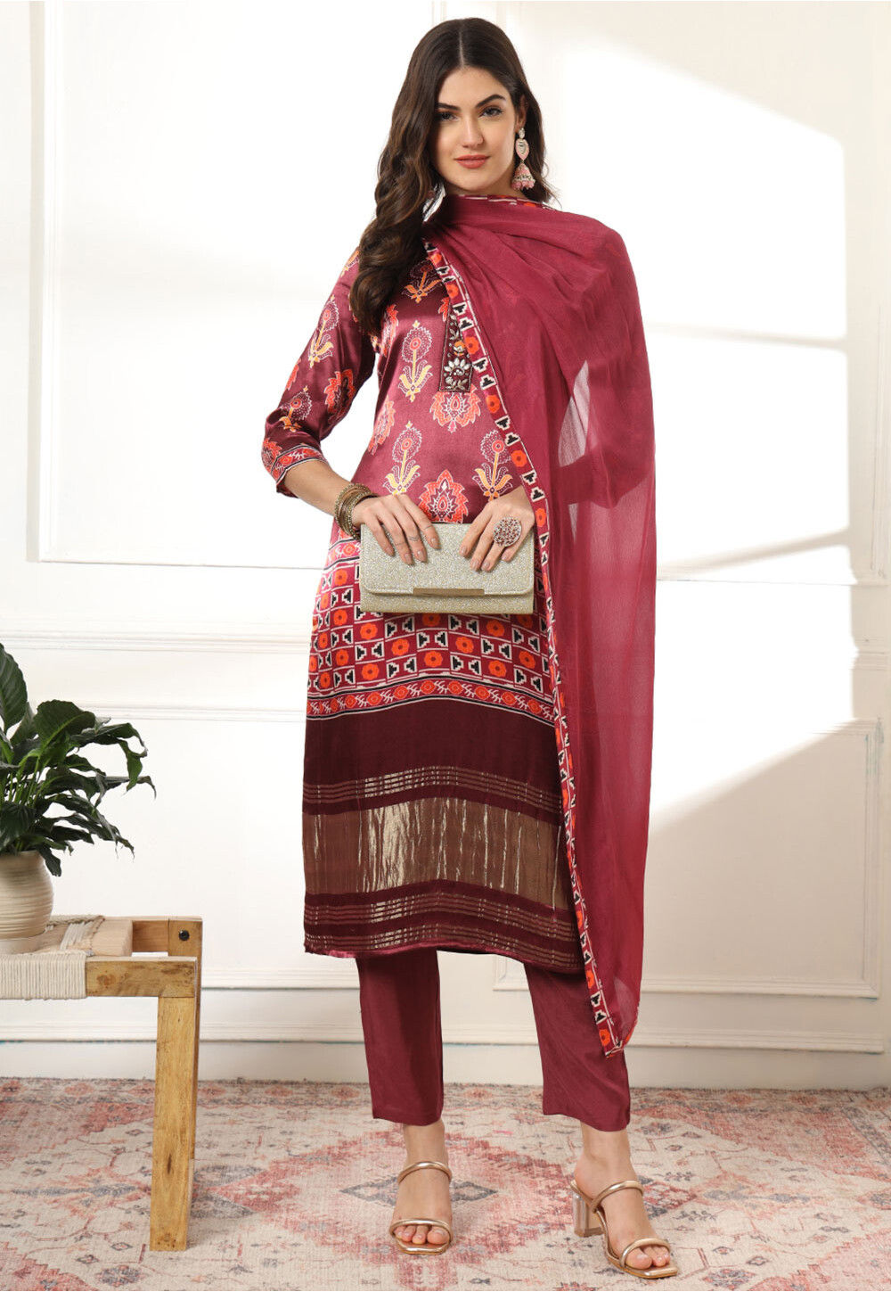 Buy Digital Print Muslin Silk Pakistani Suit in Wine Online : KJL1916 ...