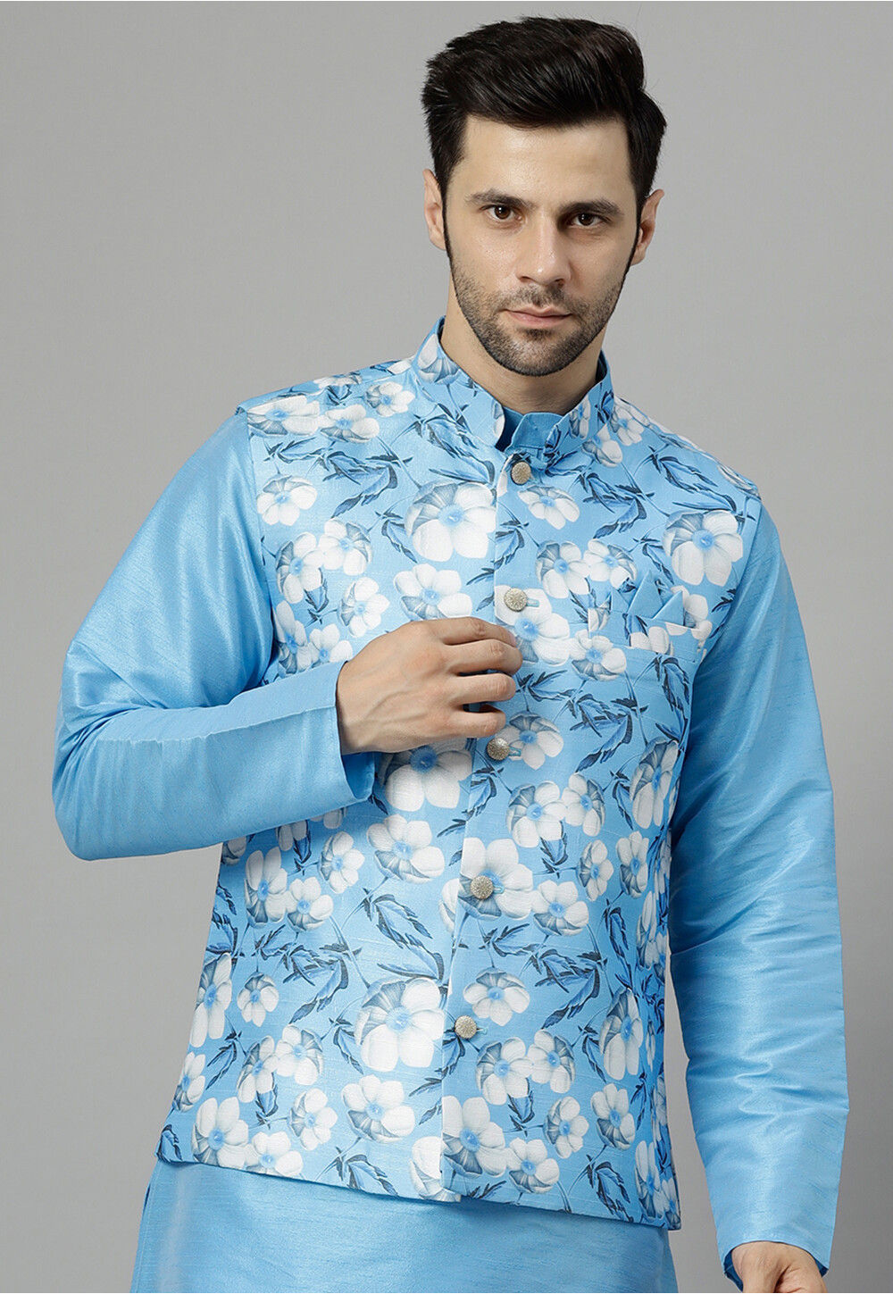 Buy Digital Printed Art Matka Silk Nehru Jacket in Sky Blue Online ...
