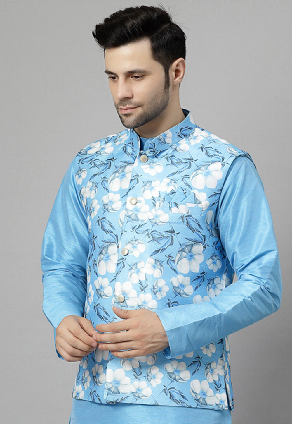 Buy Digital Printed Art Matka Silk Nehru Jacket in Sky Blue Online ...