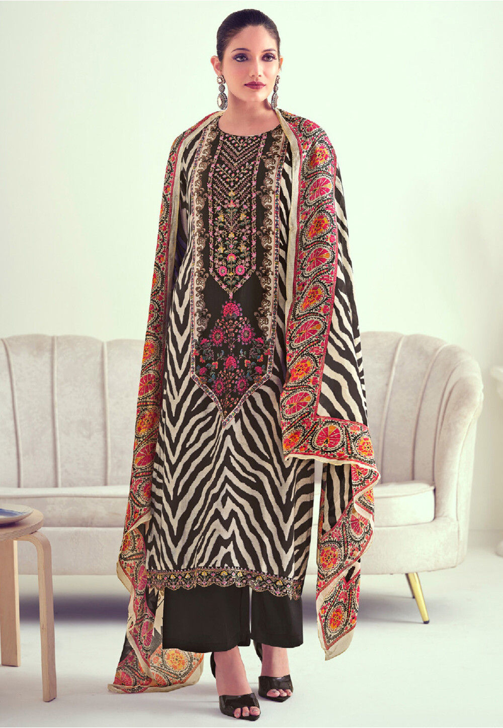 Buy Digital Printed Muslin Silk Pakistani Suit in Black and White ...