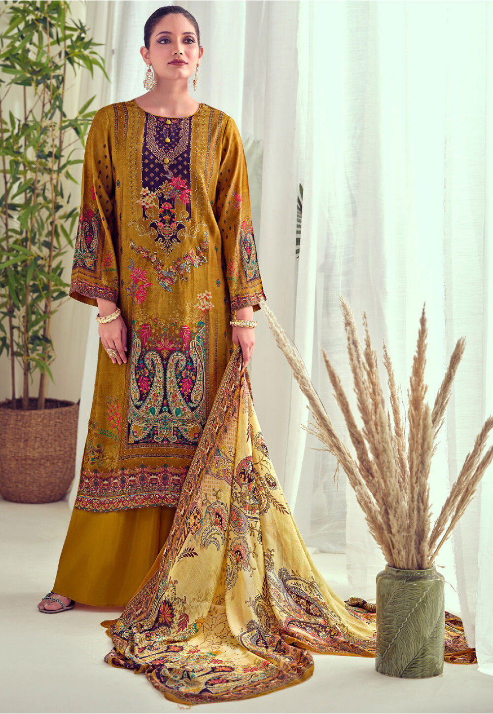 Buy Digital Printed Muslin Silk Pakistani Suit in Mustard Online ...