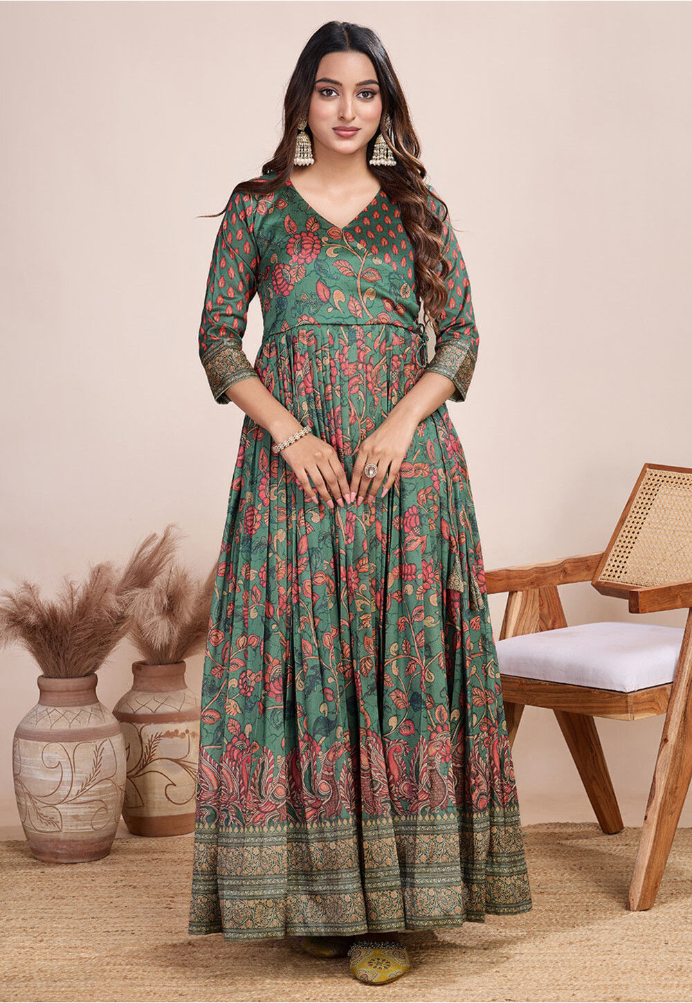 Buy Digital Printed Art Silk Angrakha Style Gown in Dark Green Online ...