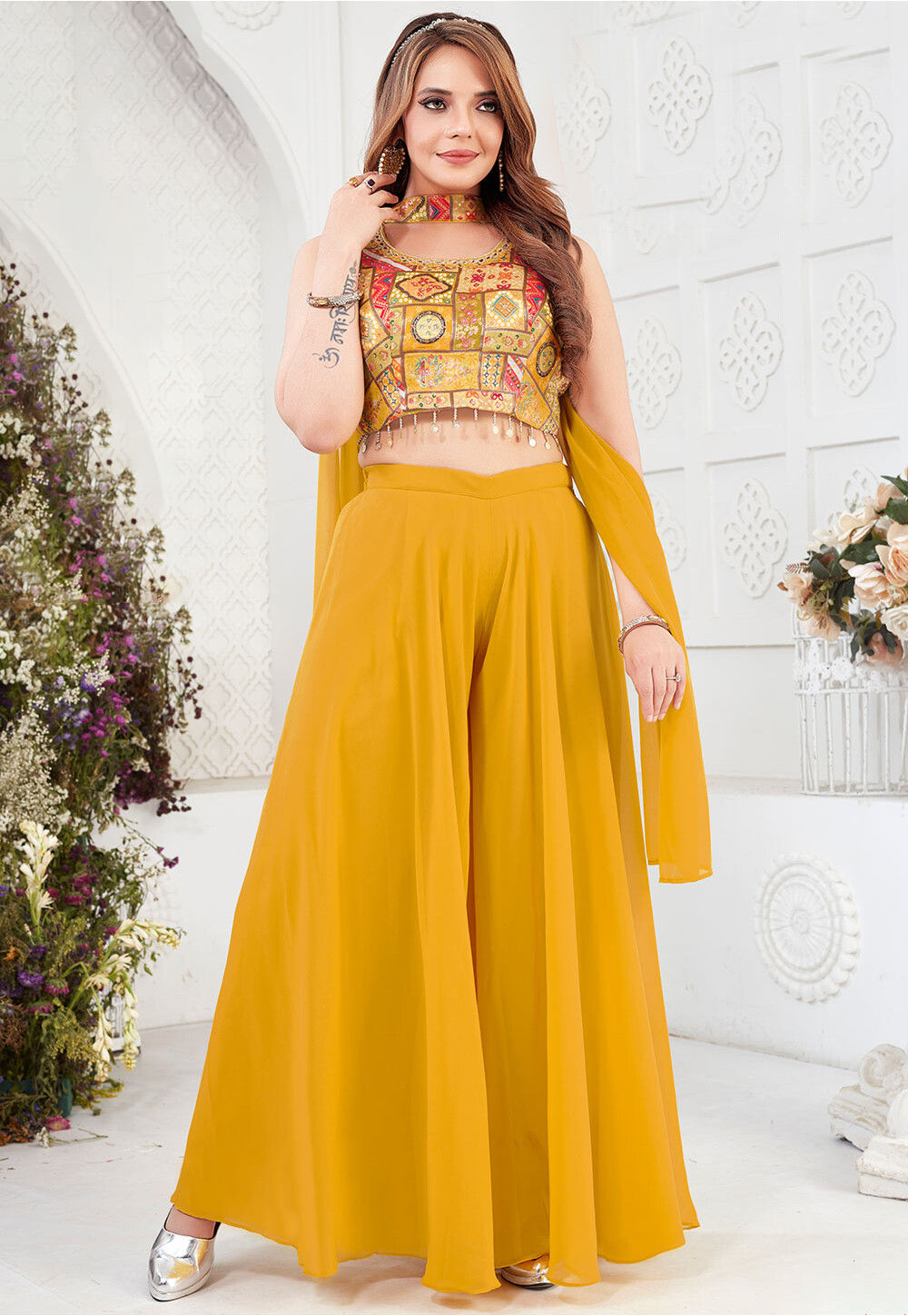 Buy Digital Printed Art Silk Crop Top Set in Mustard Online : TKL491 ...