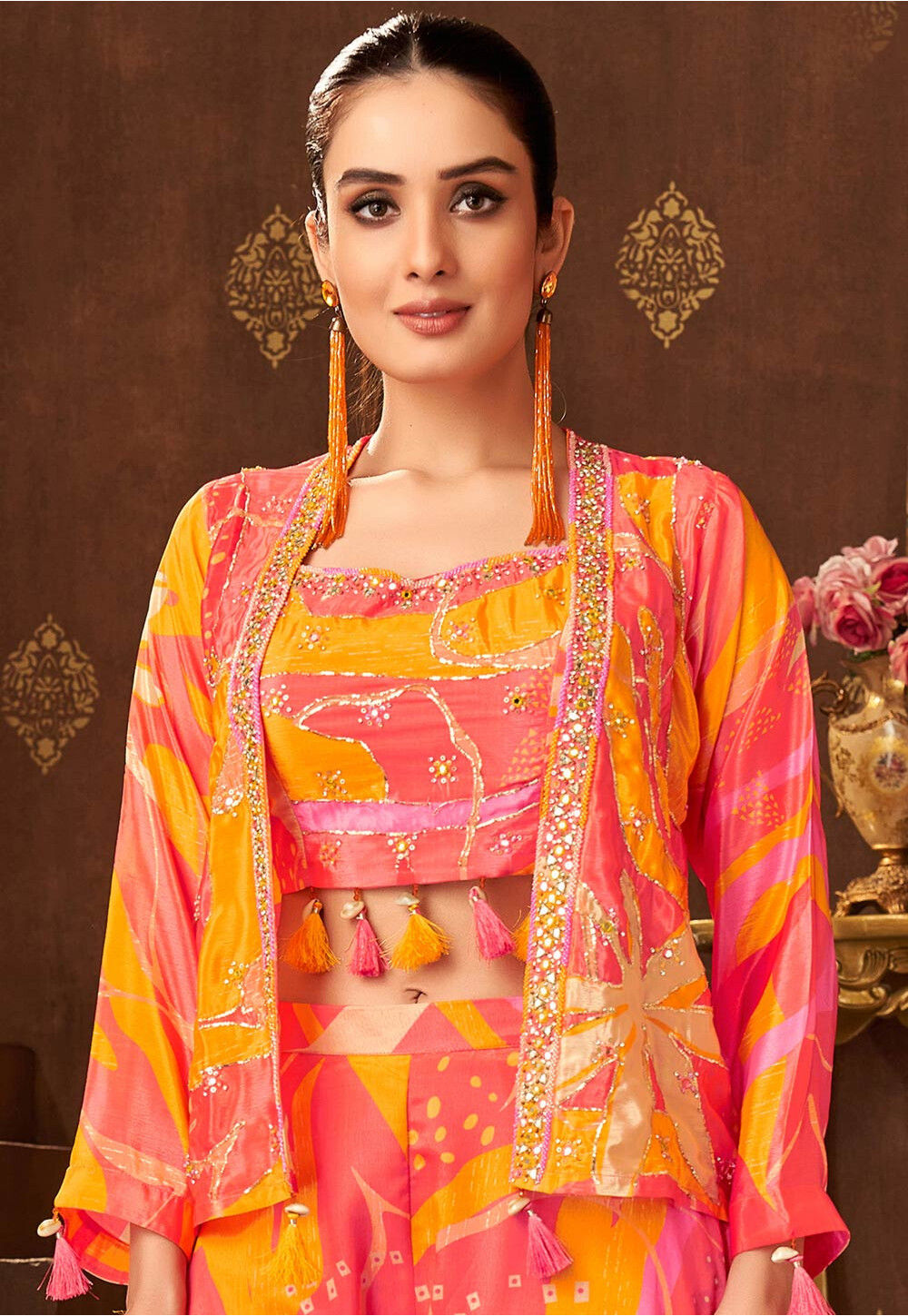 Buy Digital Printed Art Silk Crop Top Set in Pink and Yellow Online ...