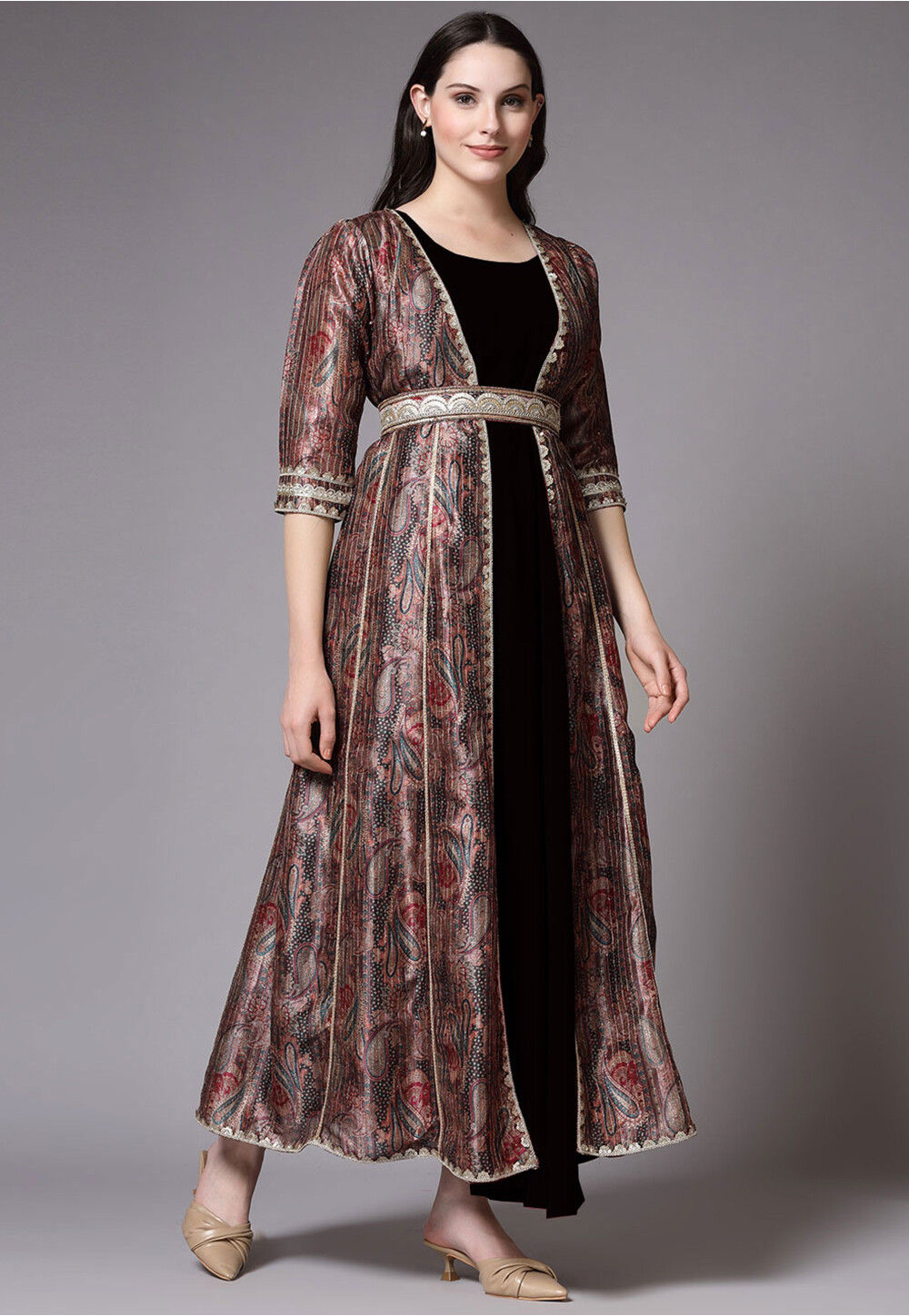 Buy Digital Printed Art Silk Jacket Style Dress in Black and Maroon ...