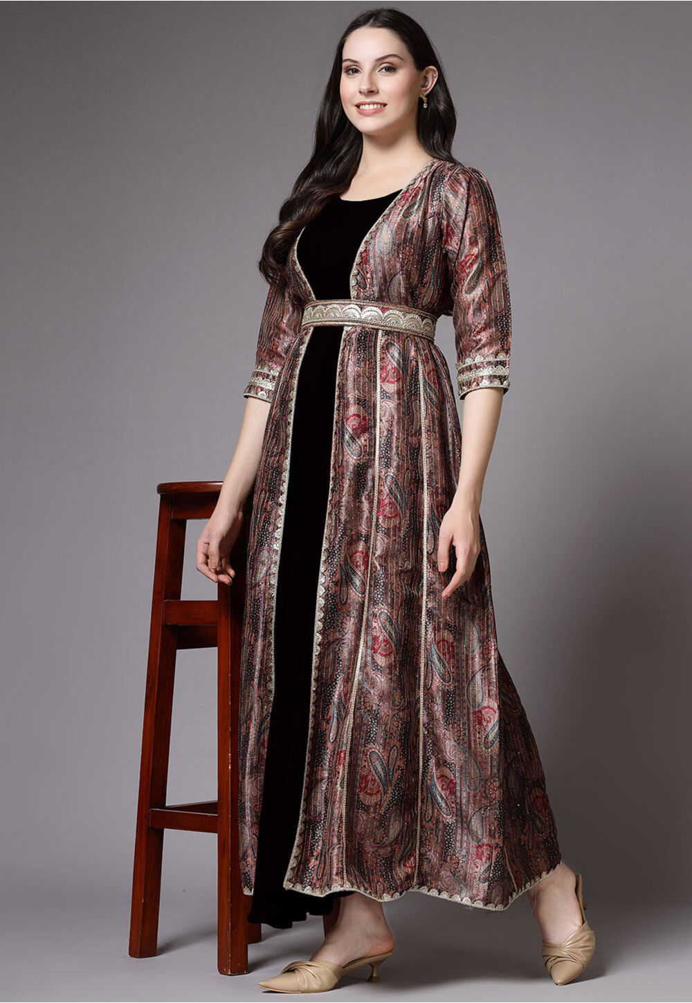 Buy Digital Printed Art Silk Jacket Style Dress in Black and Maroon ...