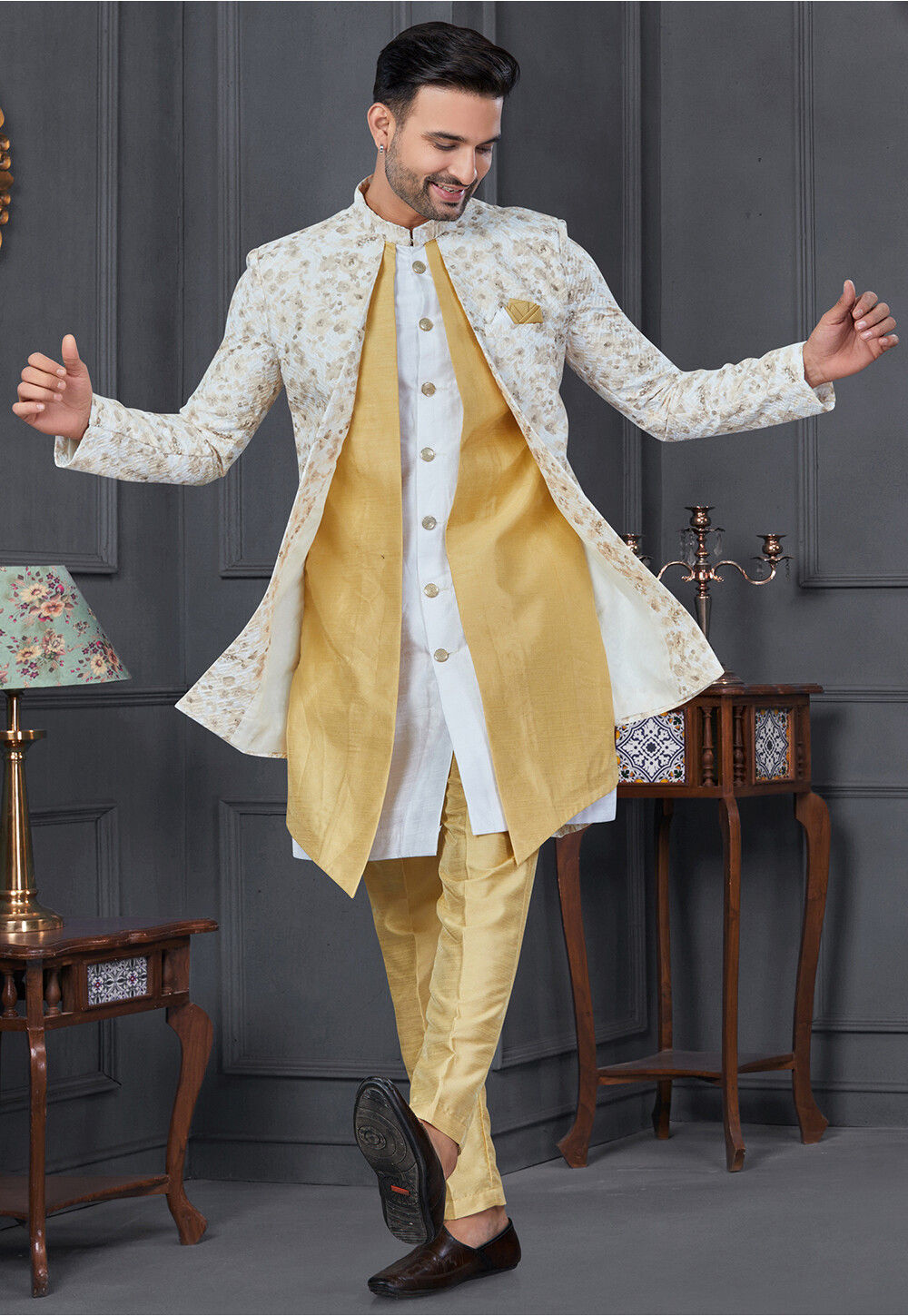 Buy Digital Printed Art Silk Jacket Style Sherwani in Beige and Off ...