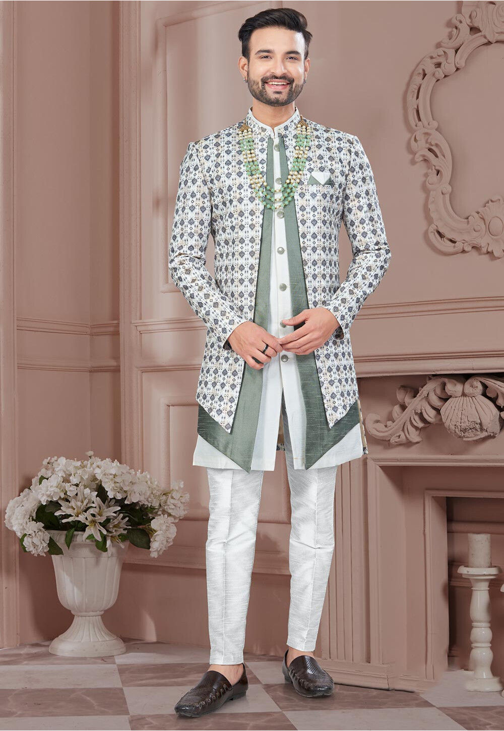 Buy Digital Printed Art Silk Jacket Style Sherwani in Grey and Off ...