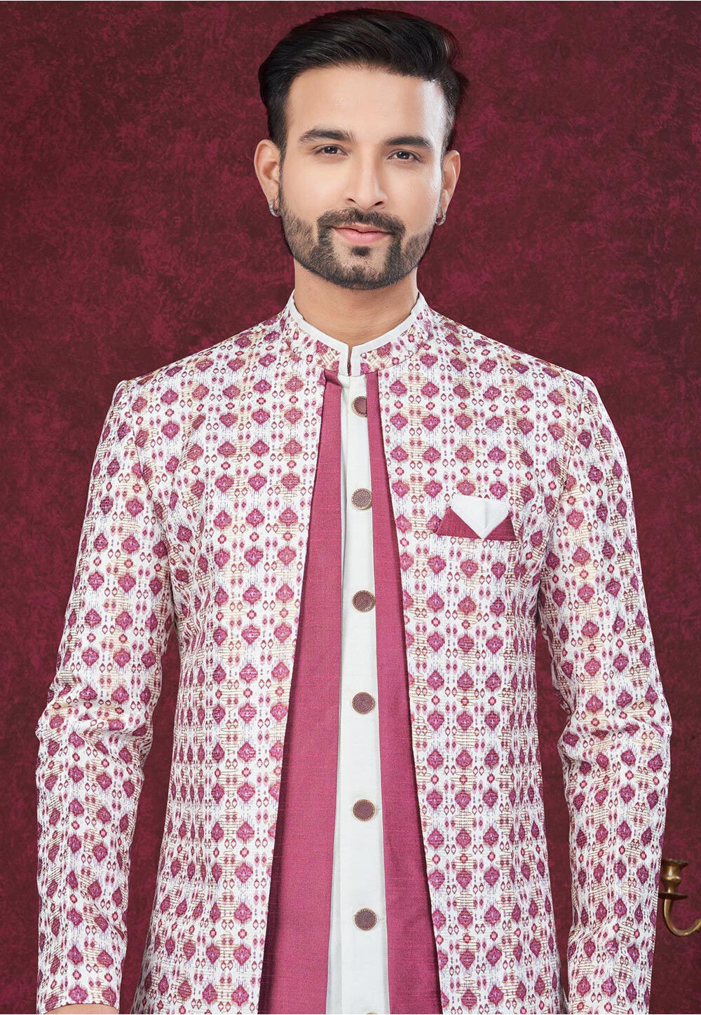 Buy Digital Printed Art Silk Jacket Style Sherwani in Pink and Off ...
