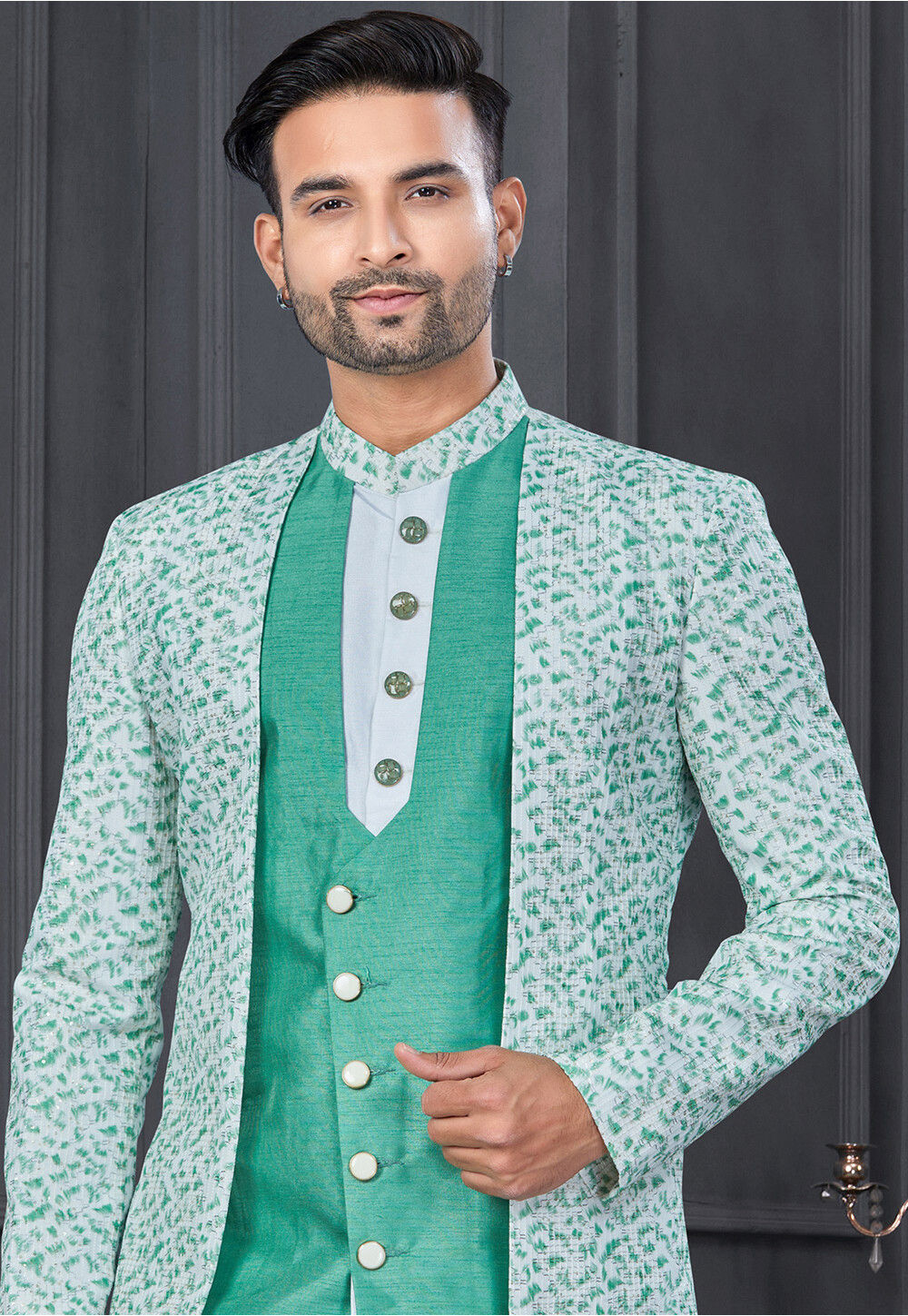 Buy Digital Printed Art Silk Jacket Style Sherwani in Sea Green and ...