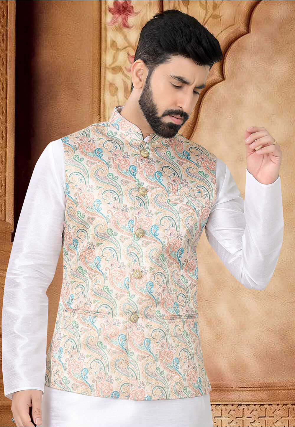 Buy Digital Printed Art Silk Jacquard Nehru Jacket in Beige Online : MUY2251 - Utsav Fashion