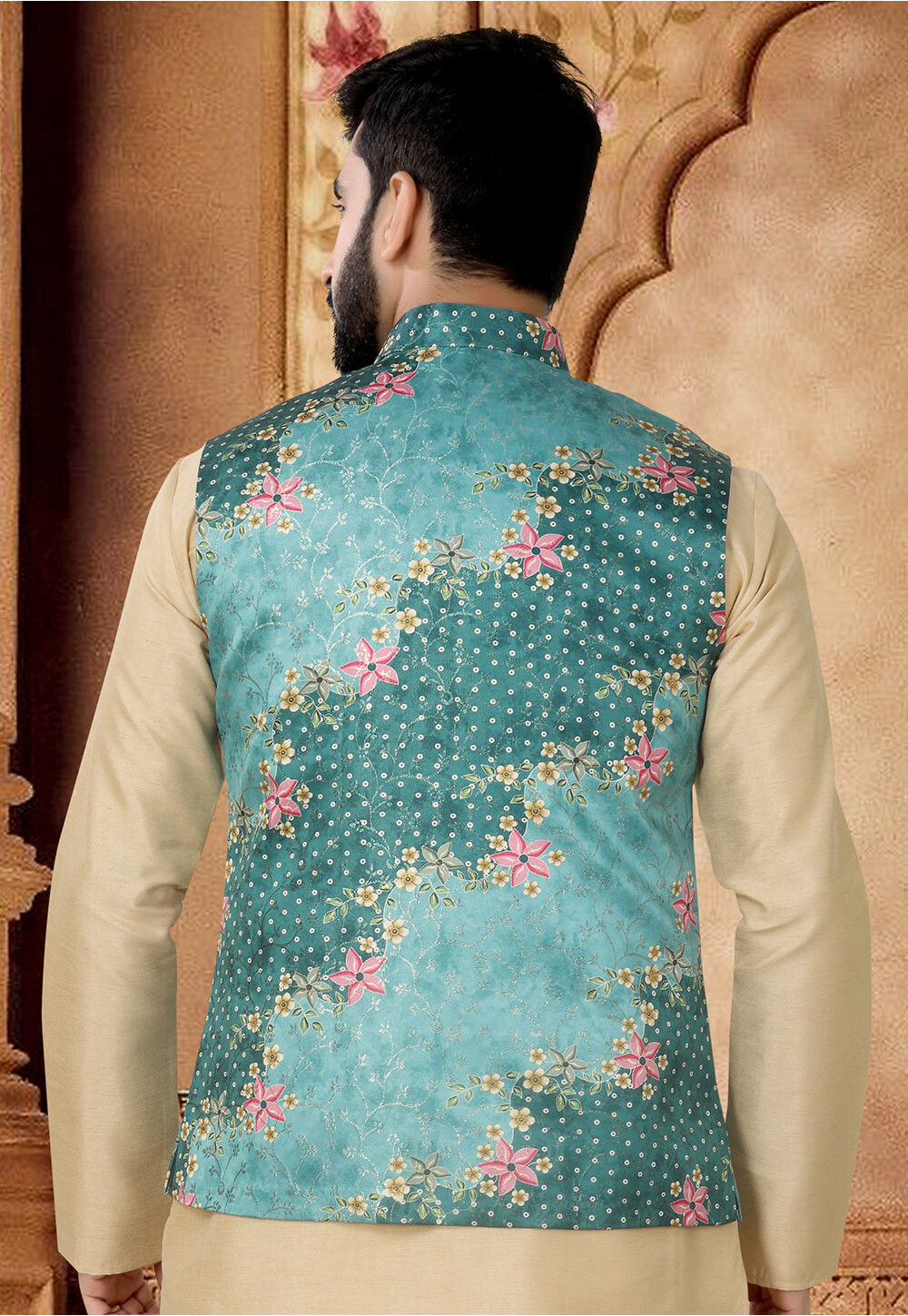 Buy Digital Printed Art Silk Jacquard Nehru Jacket in Teal Blue Online ...
