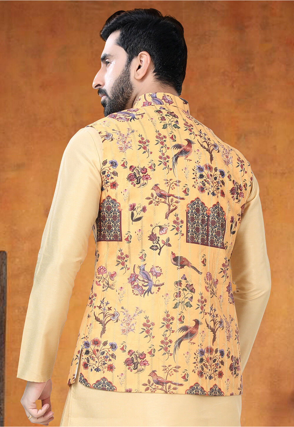 Buy Digital Printed Art Silk Jacquard Nehru Jacket in Yellow Online : MUY2053 - Utsav Fashion