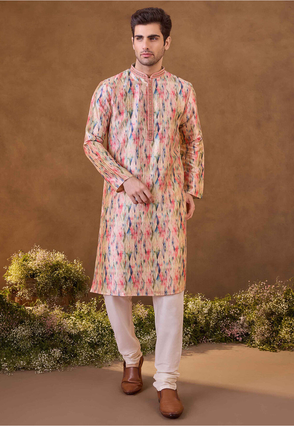 Buy Digital Printed Art Silk Kurta Set in Beige Online : MMS2598 ...