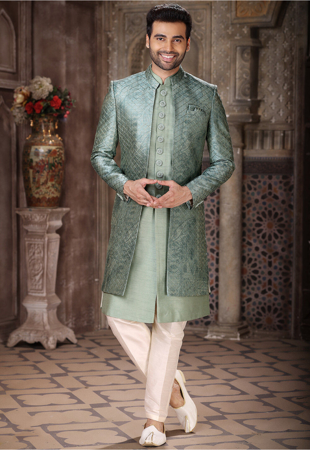 Buy Digital Printed Art Silk Layered Sherwani in Dusty Green Online ...