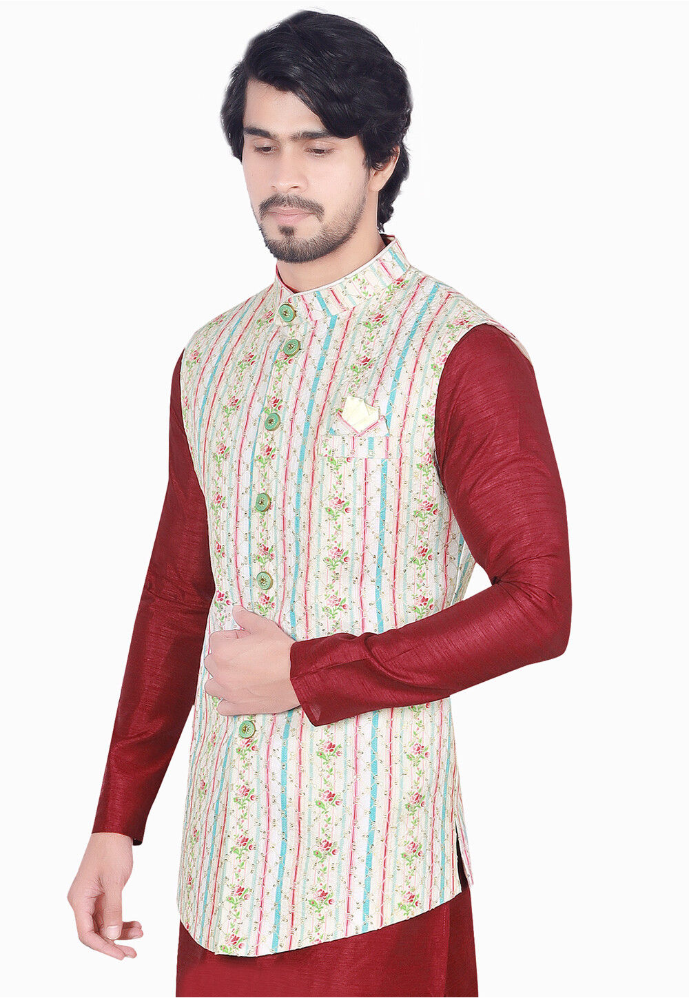 Buy Digital Printed Art Silk Long Nehru Jacket in Cream Online ...