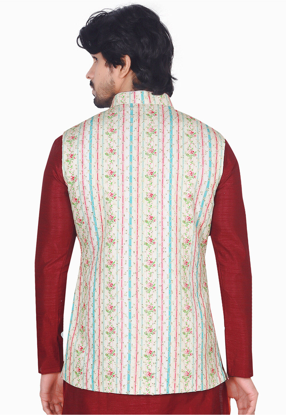 Buy Digital Printed Art Silk Long Nehru Jacket in Cream Online ...